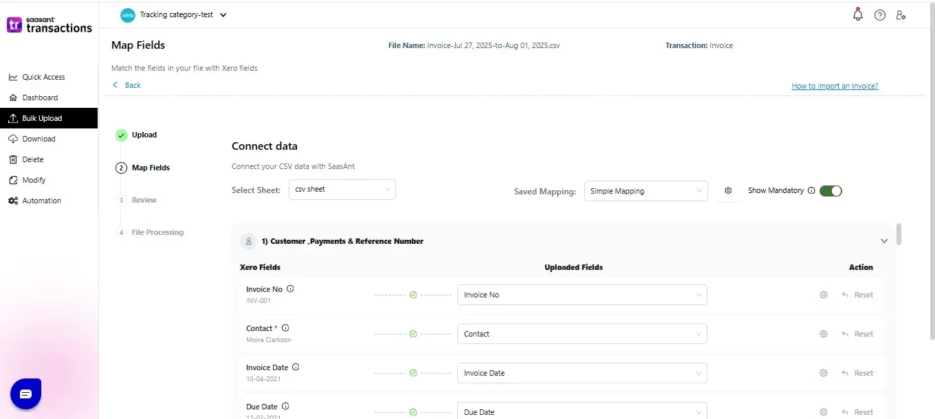 How to Map a File in SaasAnt Transactions (Online) – Xero
